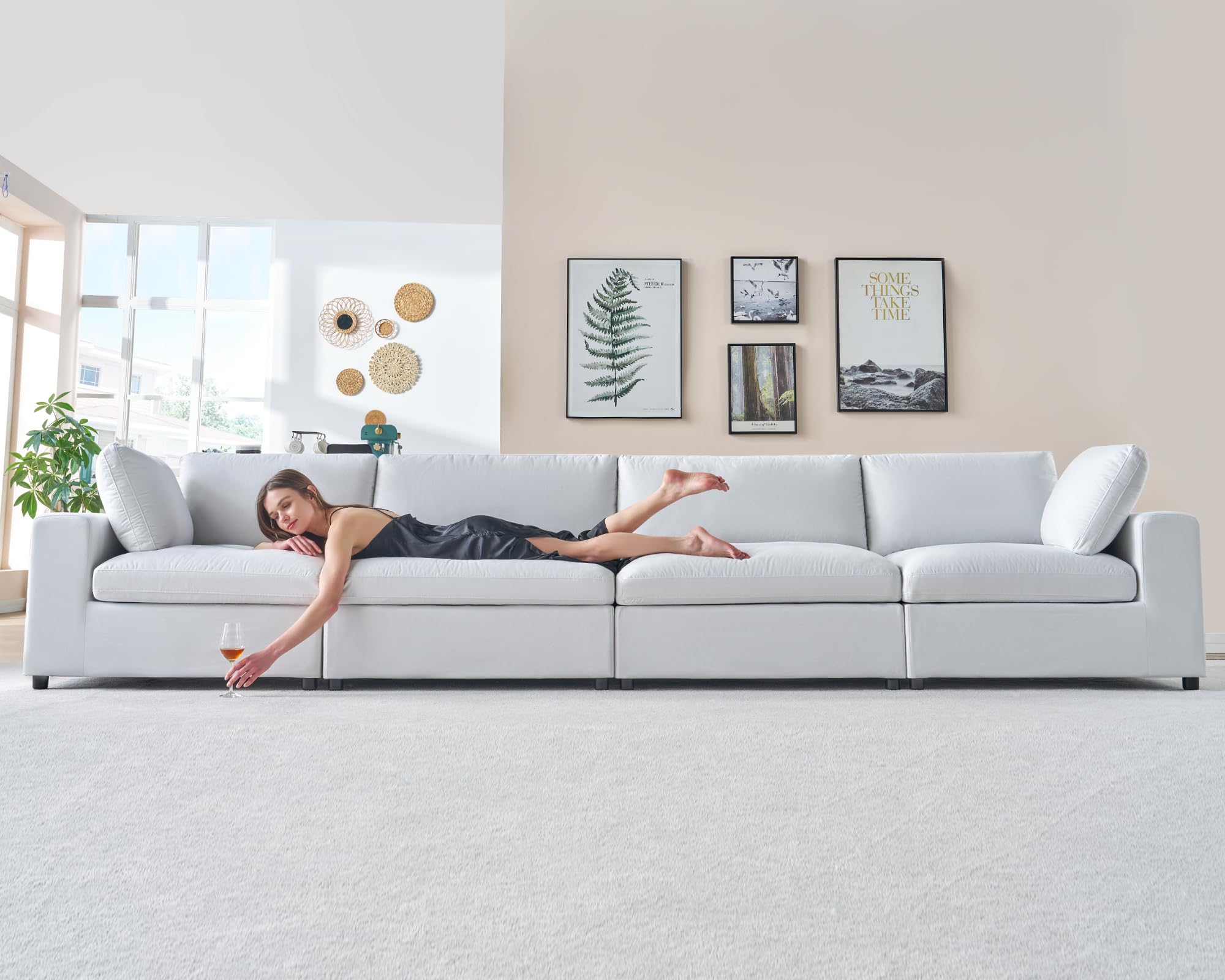 PaPaJet Modular Sectional Sofa, 152 Inches Down Filled Sectional Sofa, 7 Seats L Shaped Cloud Couch with Chaise, Ottoman, Oversized Couch for Living Room, Grey Linen Couch Set