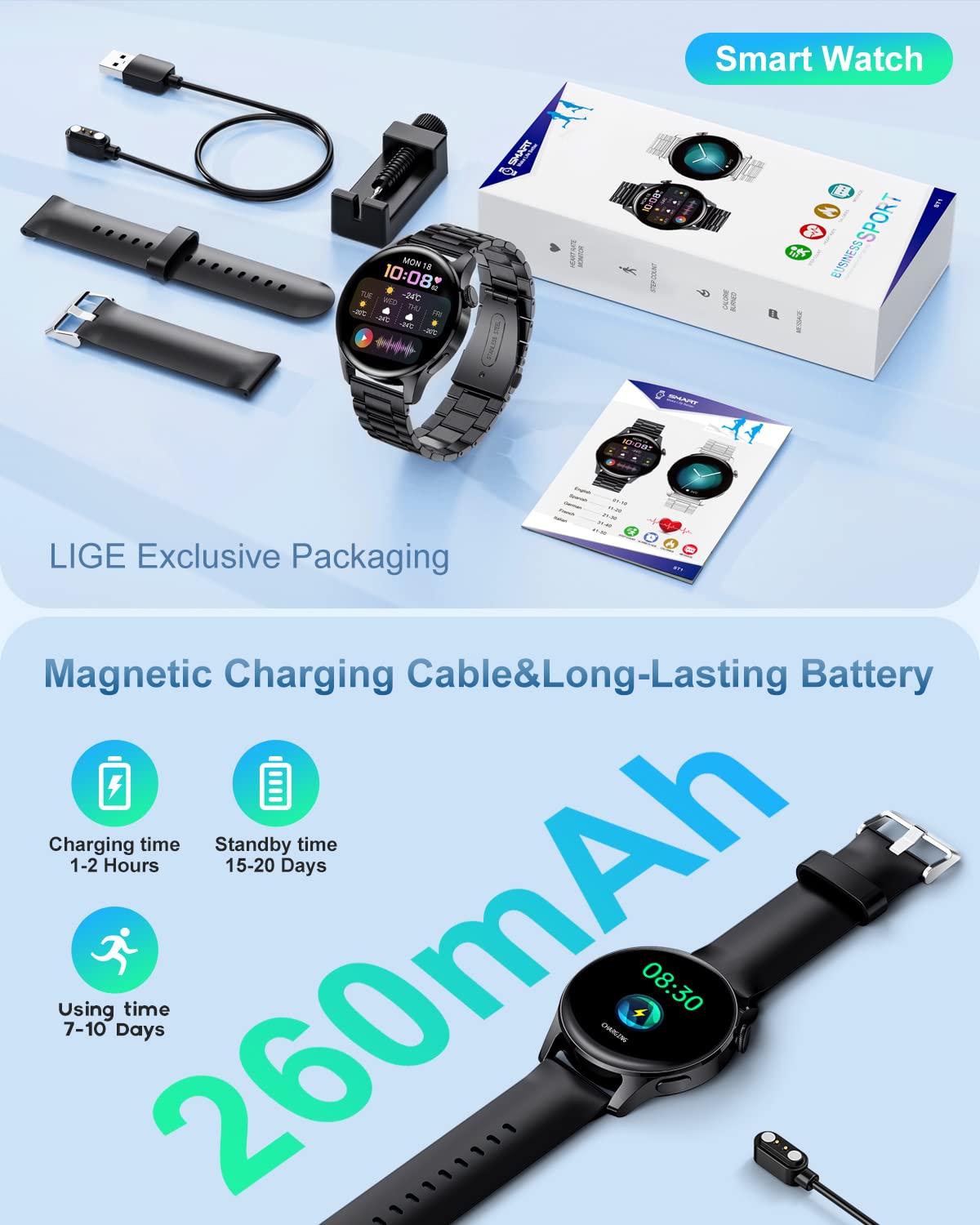 LIGE Smart Watches for Men, Smartwatch for Android and iOS Phones with Bluetooth Calls 1.32" Full Touch Screen Activity Tracker Heart Rate Sleep Monitor IP67 Waterproof Pedometer
