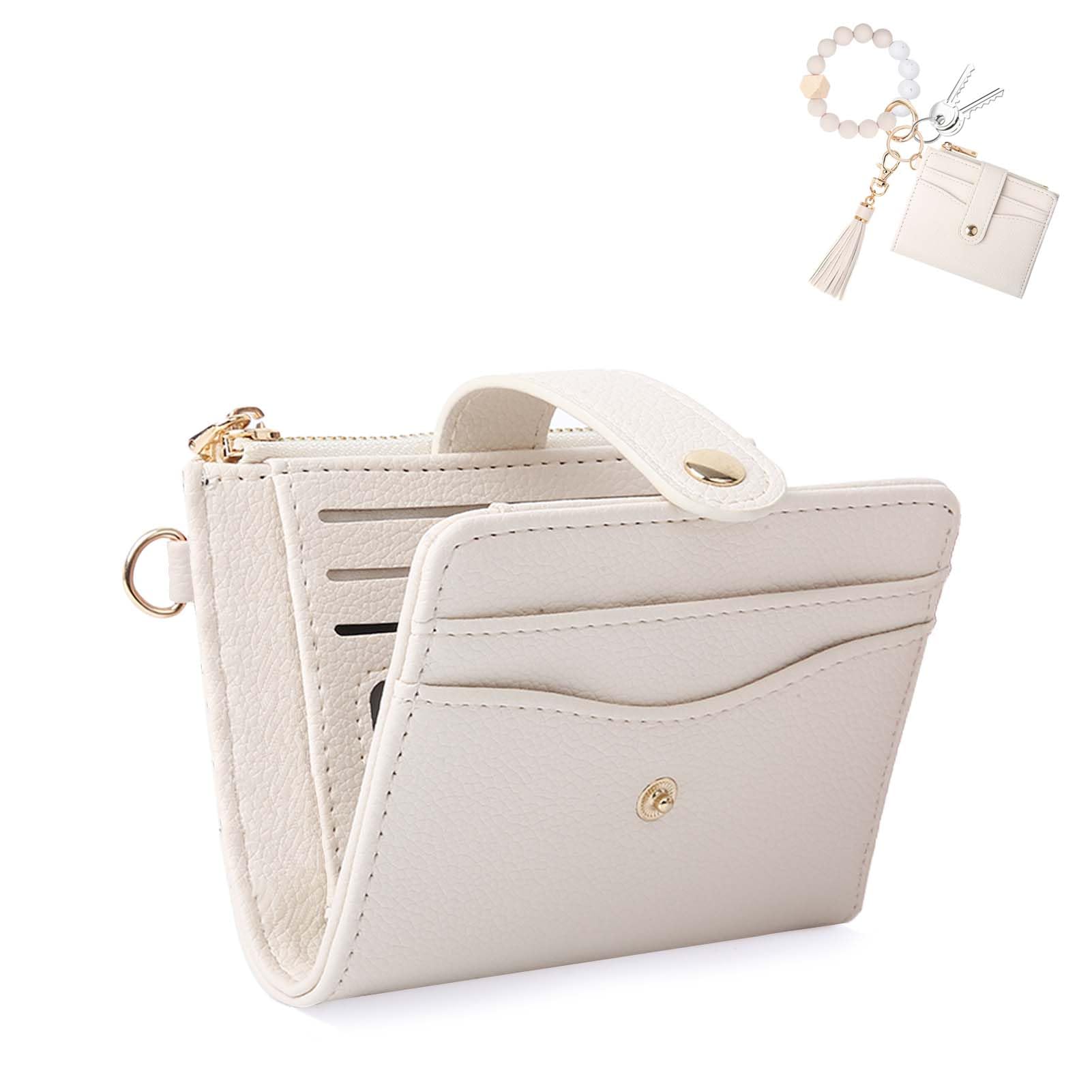 KNGITRYI Small Wallets Woman,Card Wallet Keychain Wristlet Wallets for Women RFID Card Holder with Coin Pocket & Id Window (Beige), SZQB1888