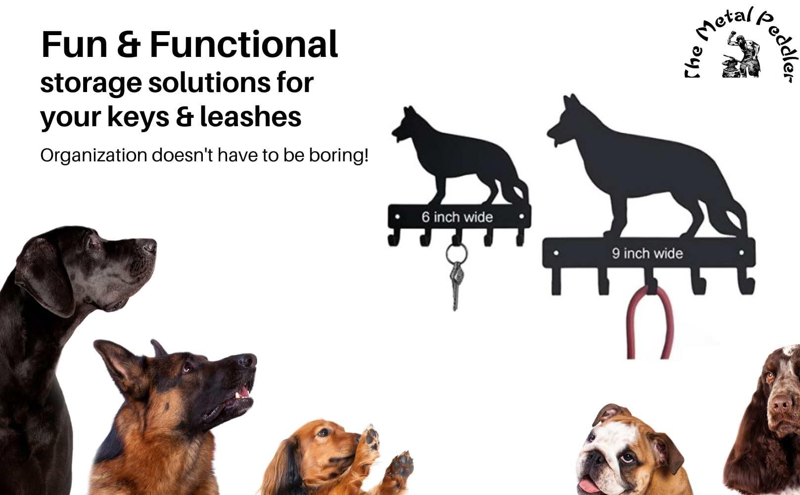 The Metal Peddler Basset Hound Key Holder & Leash Hanger for Wall - Large 9 inch Wide with 5 Hooks - Made in USA