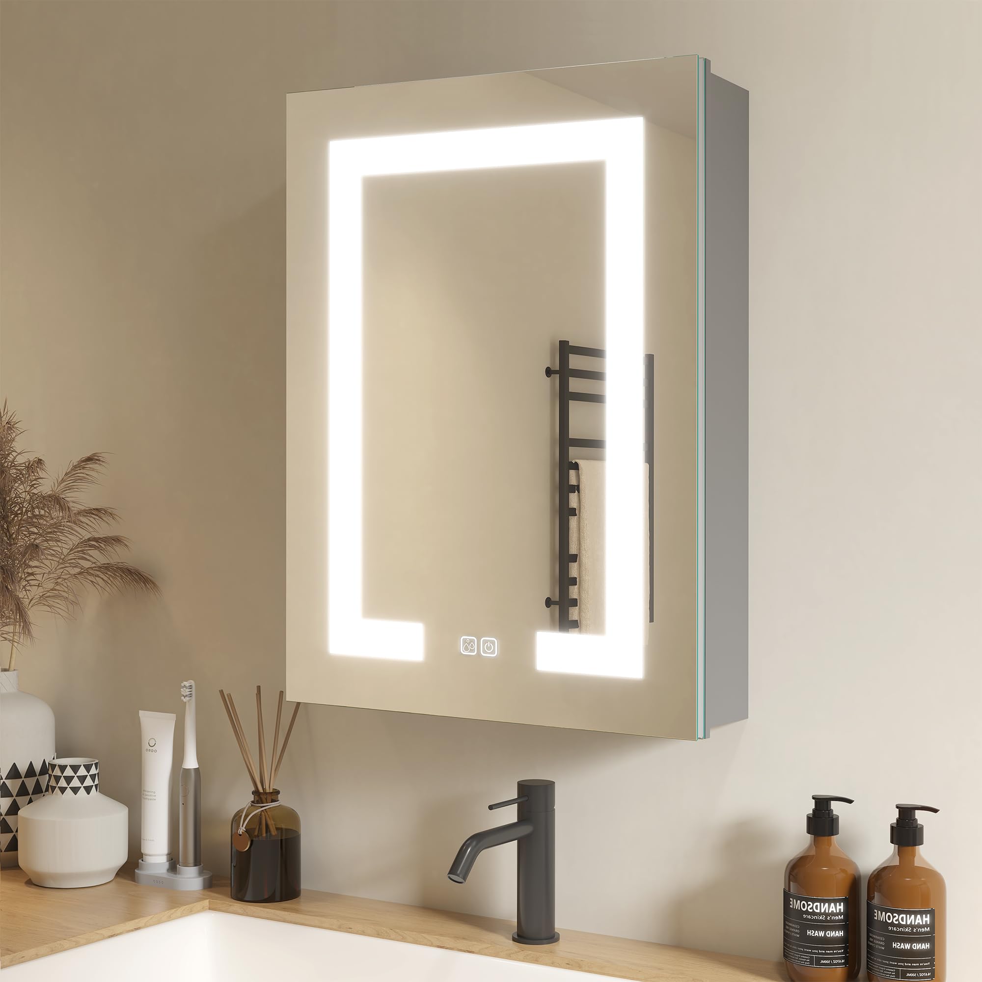 SILUMIN LED Bathroom Wall Medicine Cabinet Mirror 20"×28" Lighted Mirror with Storage Recessed or Surface Dimmable 3 Colors Temperature Anti-Fog Adjustable Shelf 2 Sockets 2 USB Interfaces