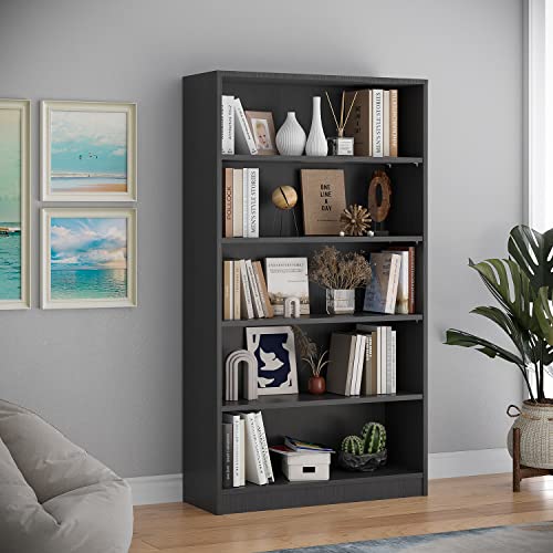 STARY 5 Shelf Bookcase Carbon Black Tall Bookshelf for Bedroom 5 Tier Modern Wood Bookshelf 33" Wide 60" Tall