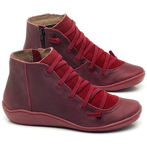 FASDNENDYS Leather Round Casual Lace-up Women's Boots Shoe Side Toe Flat Zipper Boots Boots Women Western Red