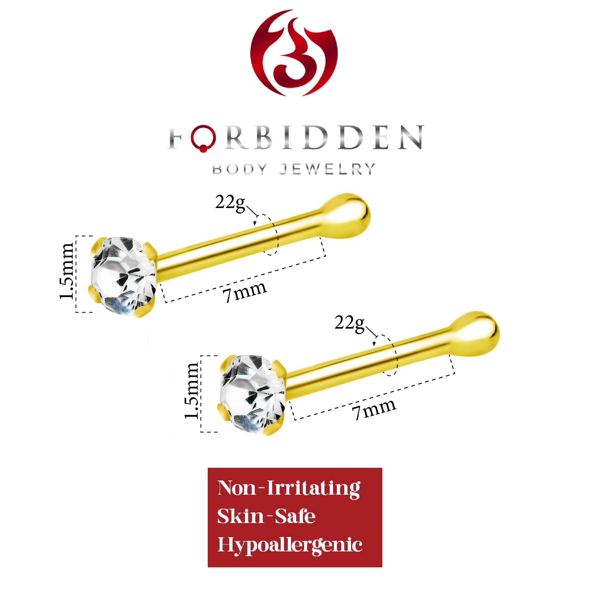 Forbidden Body Jewelry 22 g 18k Gold Plated Sterling Silver 1.5mm CZ Simulated Diamond Micro Nose Bone Stud for Women or Men (Set of 2)