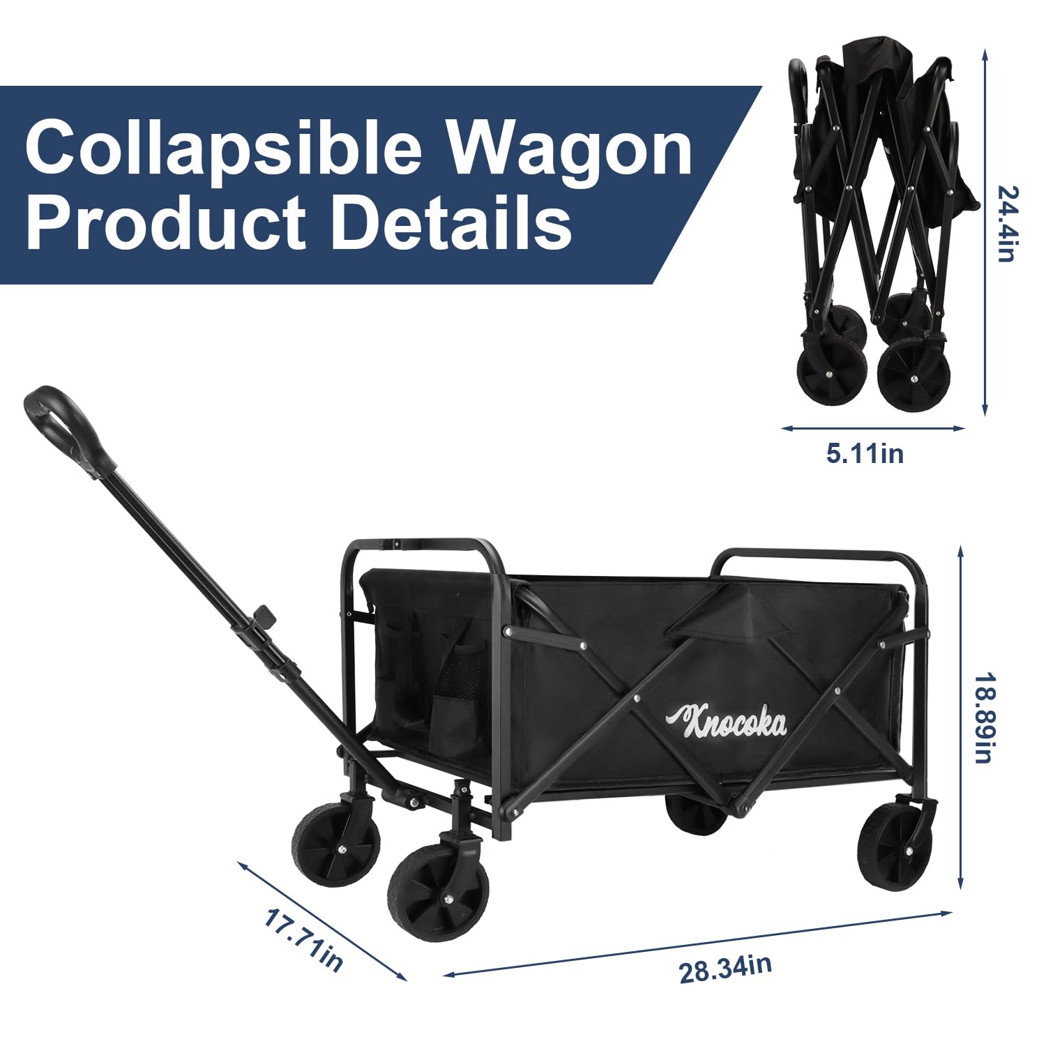 Knocoka Collapsible Folding Utility Wagon, Portable Heavy Duty Folding Wagon with 2 Drink Holders, Outdoor Collapsible Wagon for Sports, Shopping, Camping