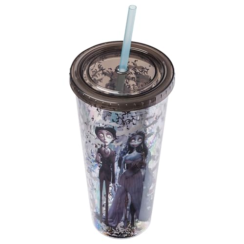 Silver Buffalo Corpse Bride Crow Background Plastic Confetti Cold Cup, 24 Ounces