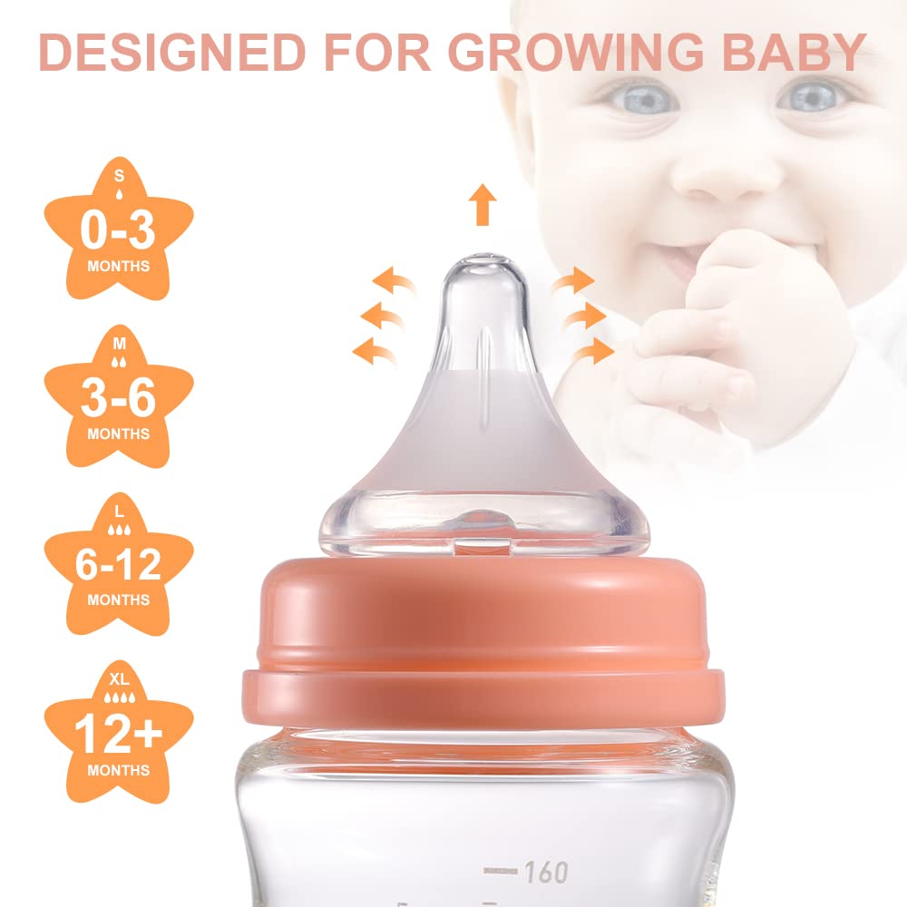FDBTL Baby Bottle Glass Natural Anti-Colic Bottles Closer to Breastfeeding for Newborn Babies Infant 0M+ 6Oz