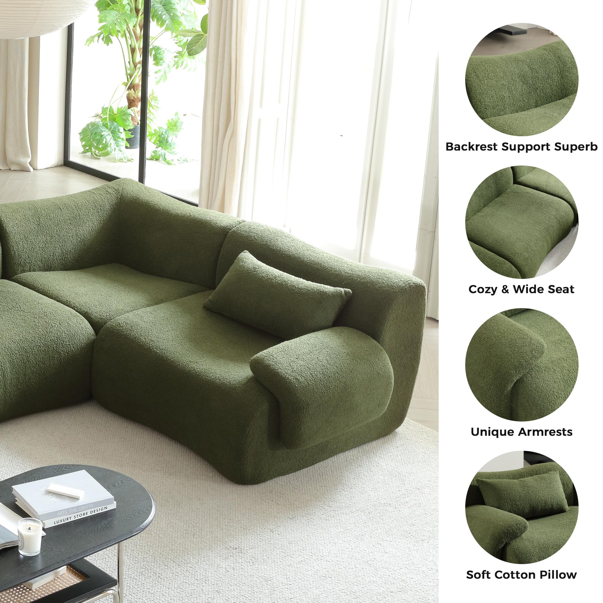 Rubikliss Deep Seat Sectional Sofa,78" Comfy Cloud Loveseat Sofa with Boucle Fabric, Oversized Sectional Couches with 2 Pillows for Living Room Bedroom Apartment Office, No Installation, Green