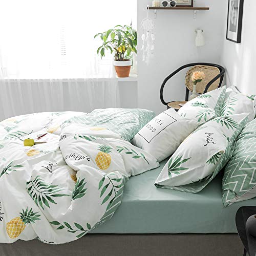 VClife Cotton Sage Green White Duvet Cover Reversible Boho Style Pineapple Herringbone Comforter Set Full Queen Size Bedding Set