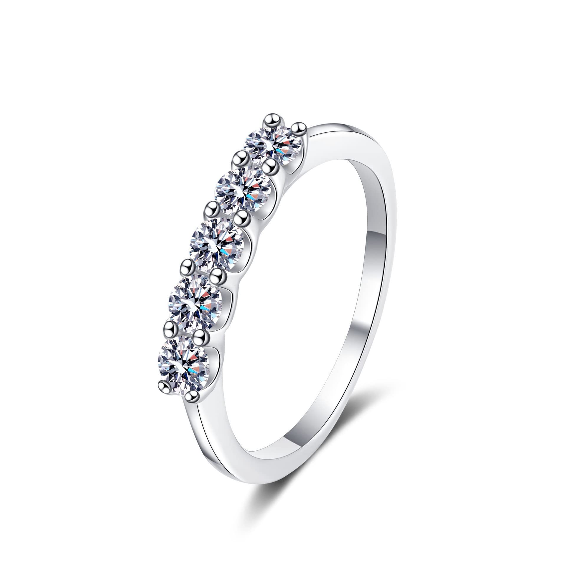 Jiostonor 5 Stone Moissanite Wedding Band, Wedding Rings for Women Half Eternity Ring 925 Sterling Silver with 18K White Gold Plated 0.5 Carats D Color Stackable Rings For Women Ring Size 7
