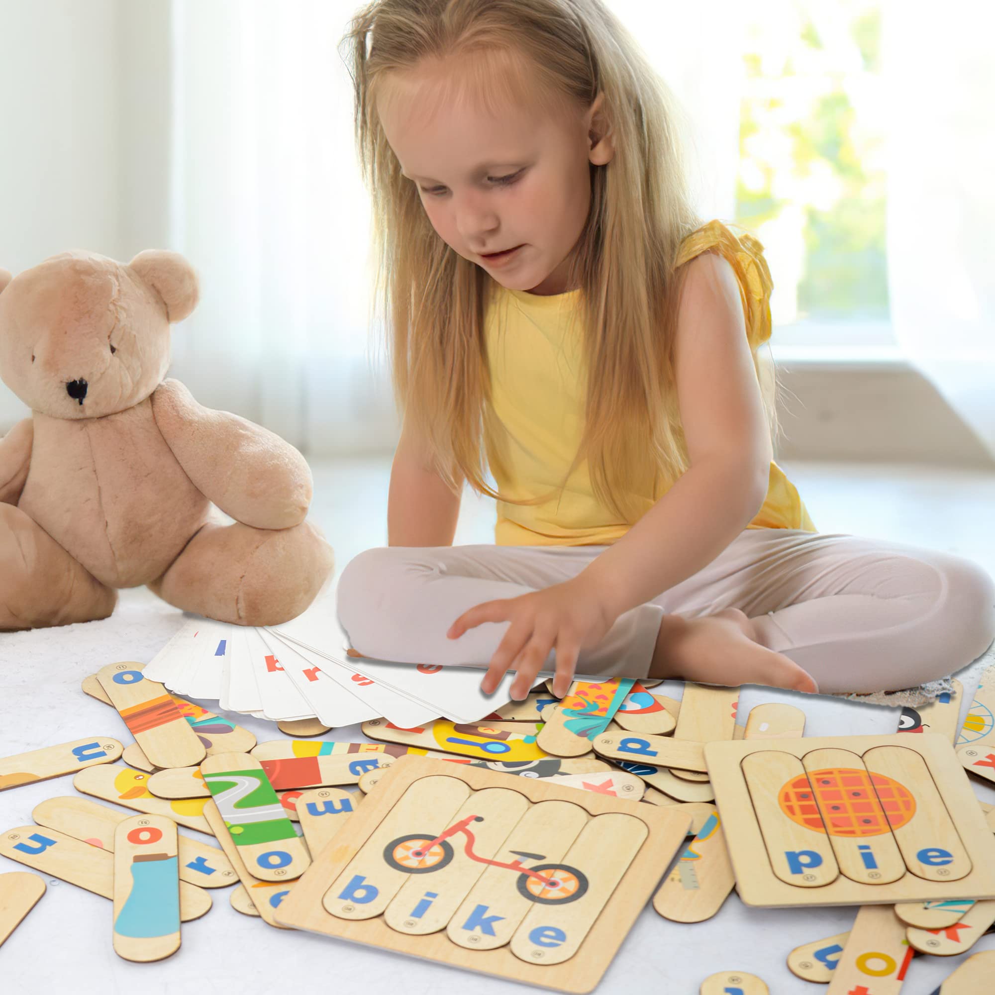 LUJCCHY Wooden Short Vowel Reading Letters Sorting Spelling Games, Sight Words Flashcards Alphabet Puzzle Montessori Educational Toy Gift for Kids 3 4 5 Years Old