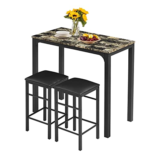 VECELO 3 Piece Dining Table Set with Cushion Stools Counter Height Pub Tabletop for Kitchen Dinette Breakfast Nook Bistro, Small Place, Seating for Two, Retro Brown