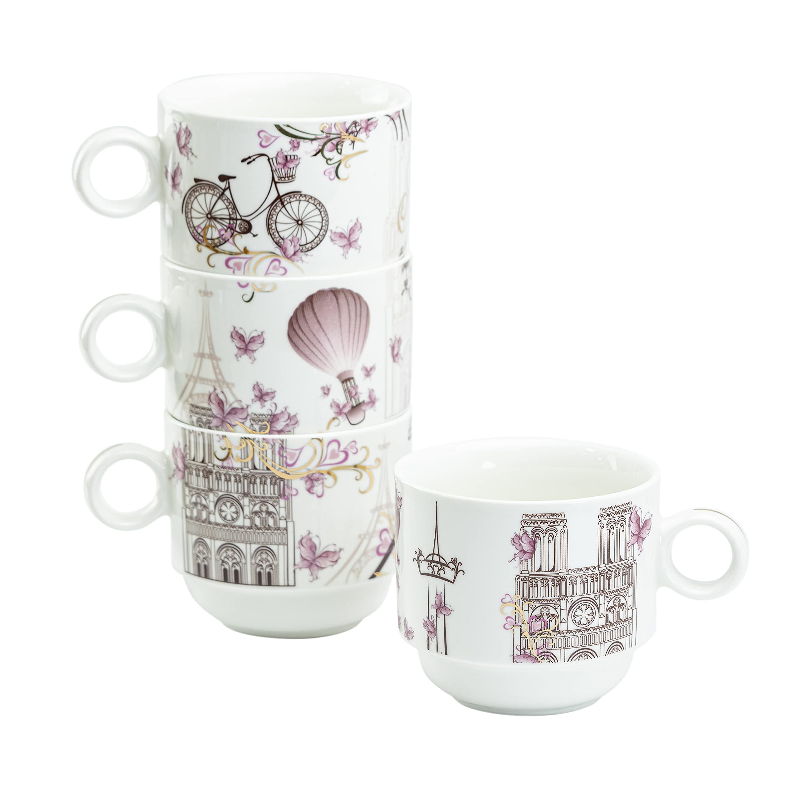 Grace Teaware Stackable Coffee Tea Mug 10-Ounce Set of 4 with White Metal Stand (Paris Eiffel Tower Pink Gold)