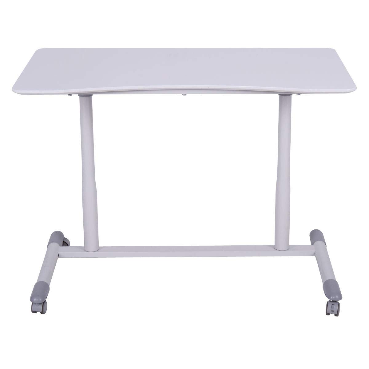 Home Office Bedroom Dorm Living Room Modern Furniture Decor Height Adjusting Compact Computer End Side Table Ergonomic Practical Sit to Stand Rolling Desk Sturdy White Wood Steel Tube Multipurpose