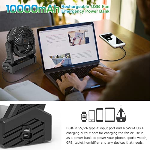 Portable Rechargeable Fan with Light, 10000mAh Battery Operated Tent Fan with Light & Hook, 270° Pivot, 3 Speeds, Personal USB Table Fan for Camping, Power Outage, Hurricane, Jobsite