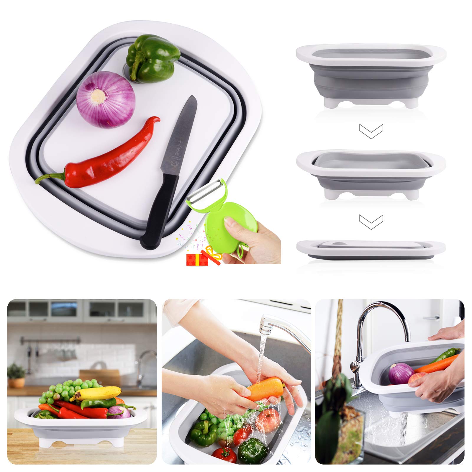 Goodking Cutting Board with Peeler, Multi-function Foldable Kitchen Plastic Silicone Dish Tub Colander for Fruits/Vegetables/Picnic/Camping