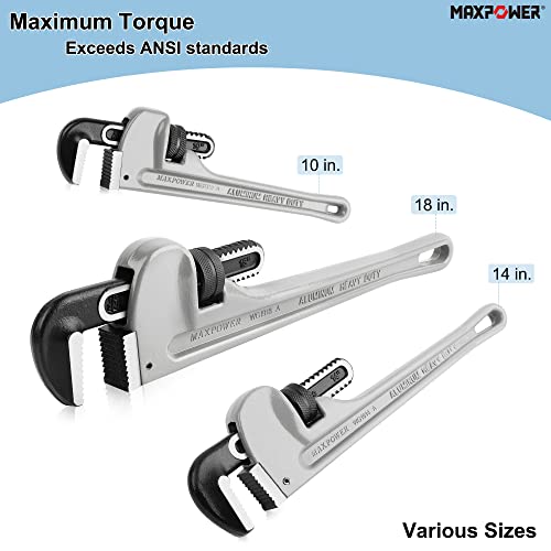 MAXPOWER 14-Inch Pipe Wrench, 40% Lighter Aluminum Plumbing Wrench, Heavy Duty Straight Pipe Wrenches Jaw Max Capacity 2 inch