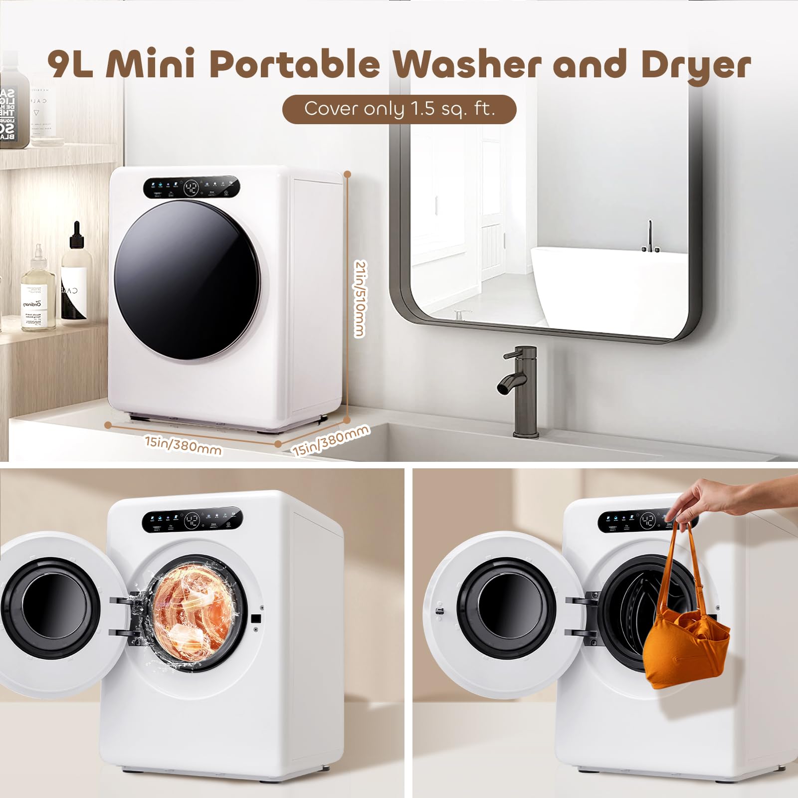 TECSPACE 2 In 1 Mini Portable Washer And Dryer Combo, 9 L Mini Washing Machine With 24 Hours Reservation Mode and High-temperature Stain Removal for Baby Clothes, Underwear (9L)