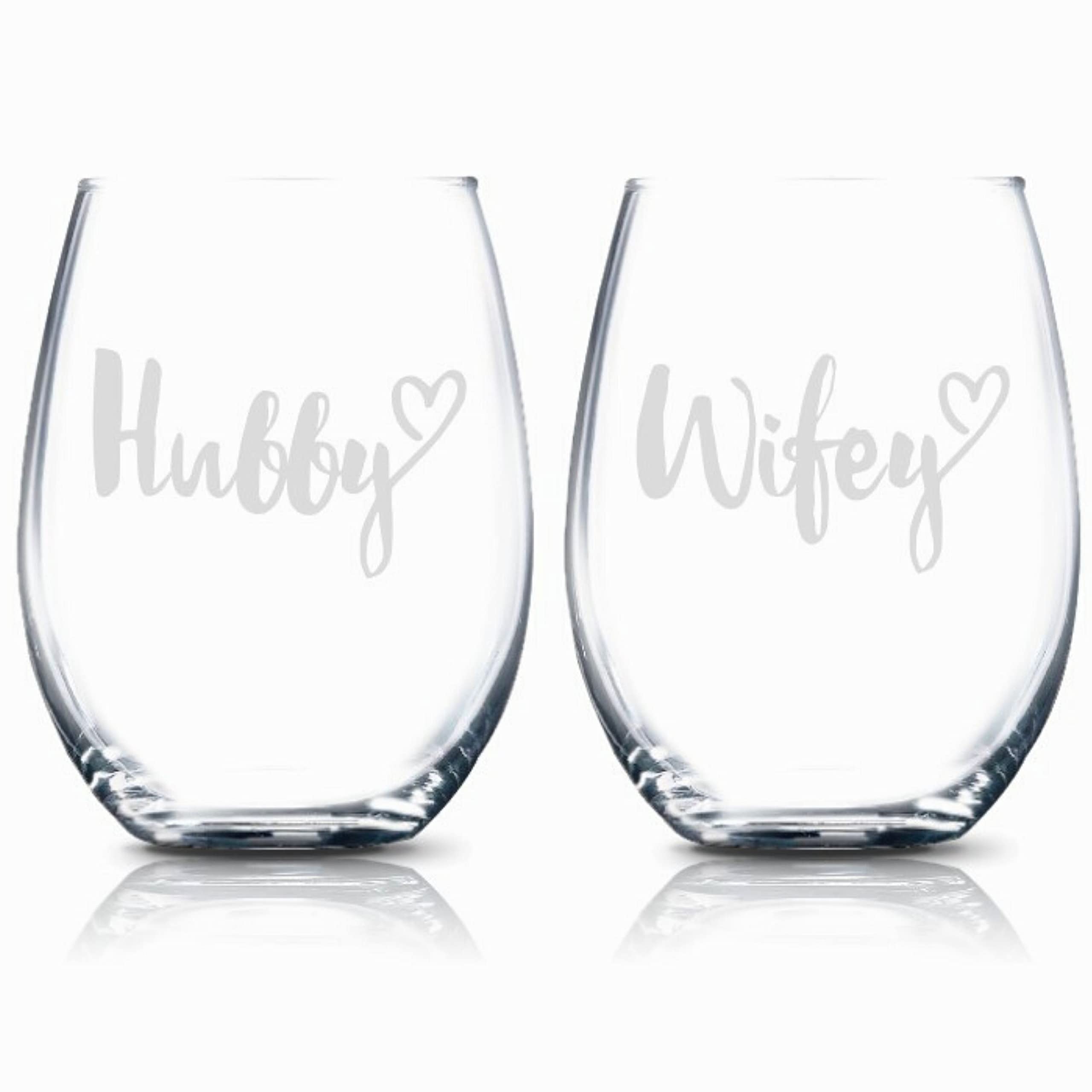 Hubby and Wifey Wine Glasses - Mr and Mrs Wedding Gifts - Engagement Anniversary Gift Couple 20oz