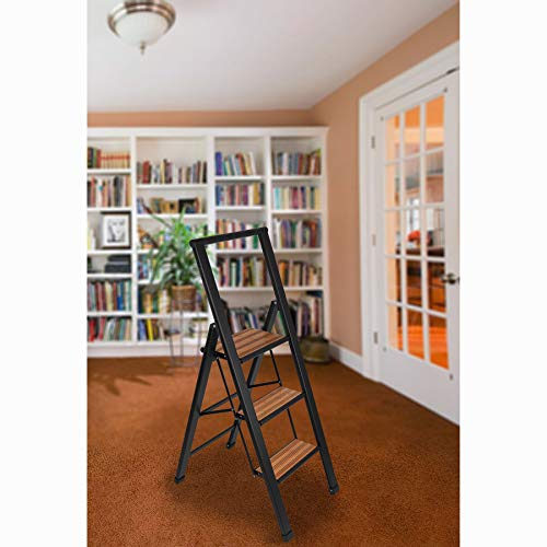 Step Ladder 3 Step Folding, Decorative - Beautiful Bamboo & Black Aluminum, Ultra Slim Profile, Anti Slip Steps, Sturdy-Portable for Home, Office, Kitchen, Photography Use,by SORFEY