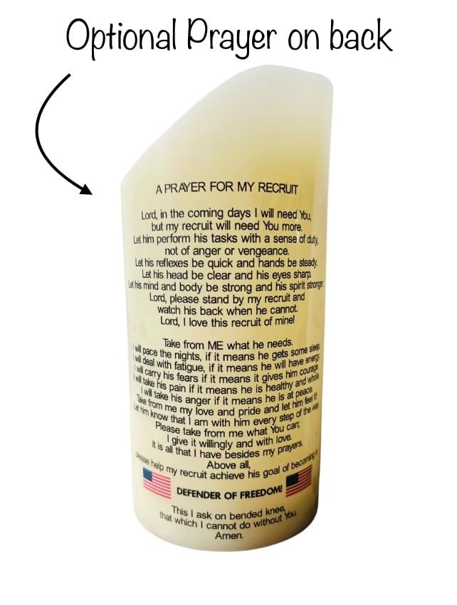 Ships Fast from Texas! Personalized Crucible Smooth Wax LED Flameless Flickering Prayer Candle with Name, Battalion, Company, and Platoon.