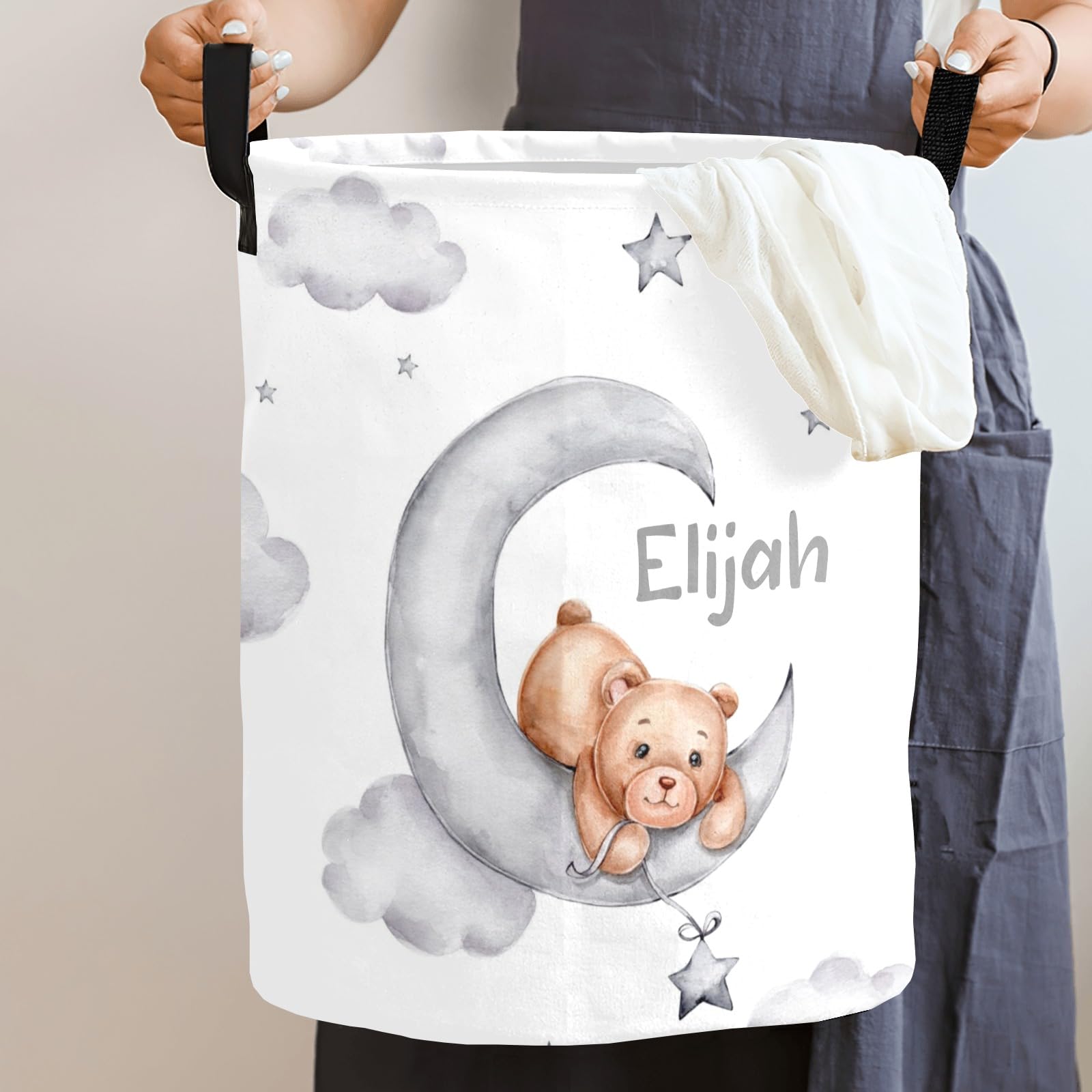 Teddy Bears on Clouds Personalized Laundry Basket,Custom Name Collapsible Waterproof Laundry Hamper Storage Bins with Handle for Clothes,Toys Nursery