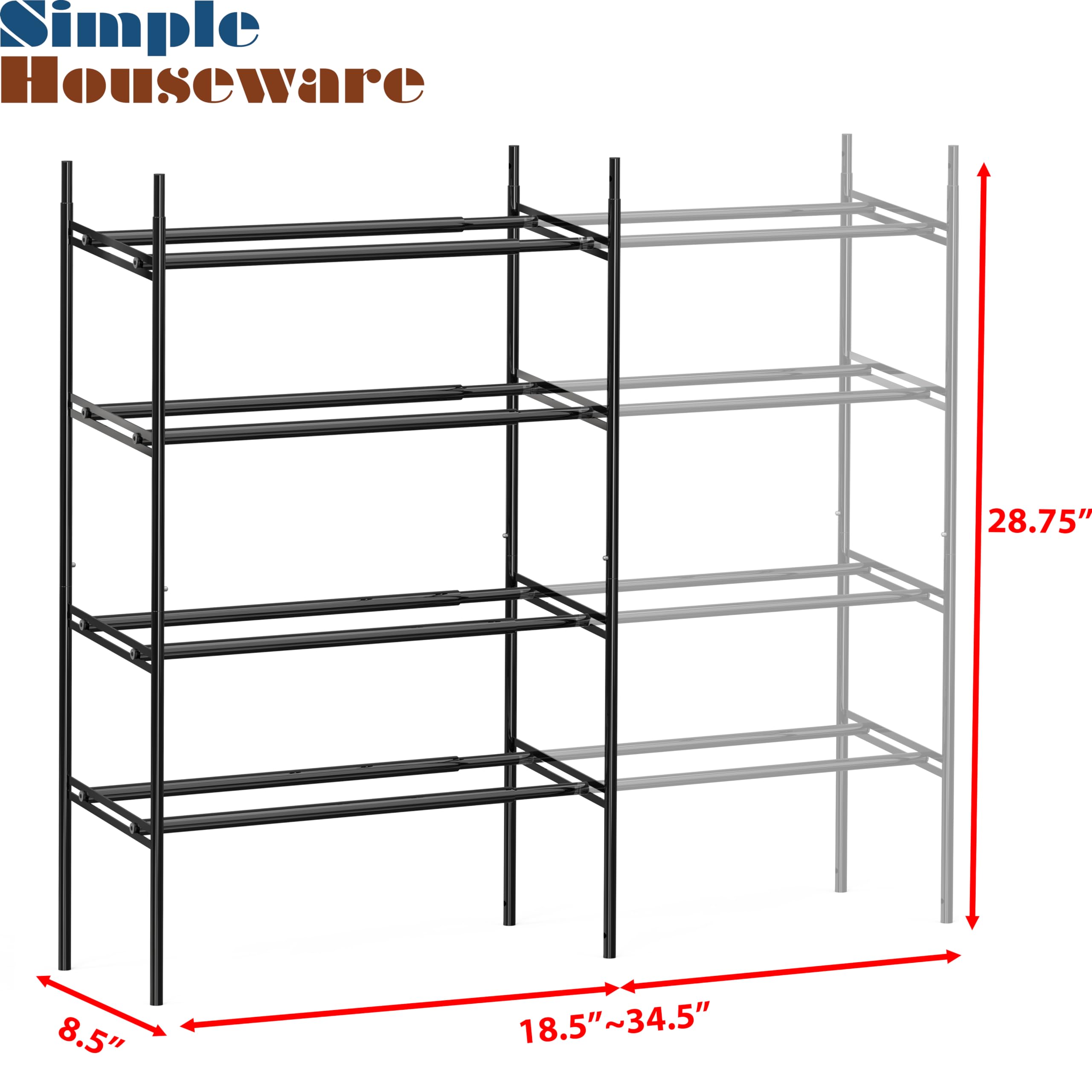 Simple Houseware 4-Tier Stakable Shoe Racks with Extendable Shelves, Black
