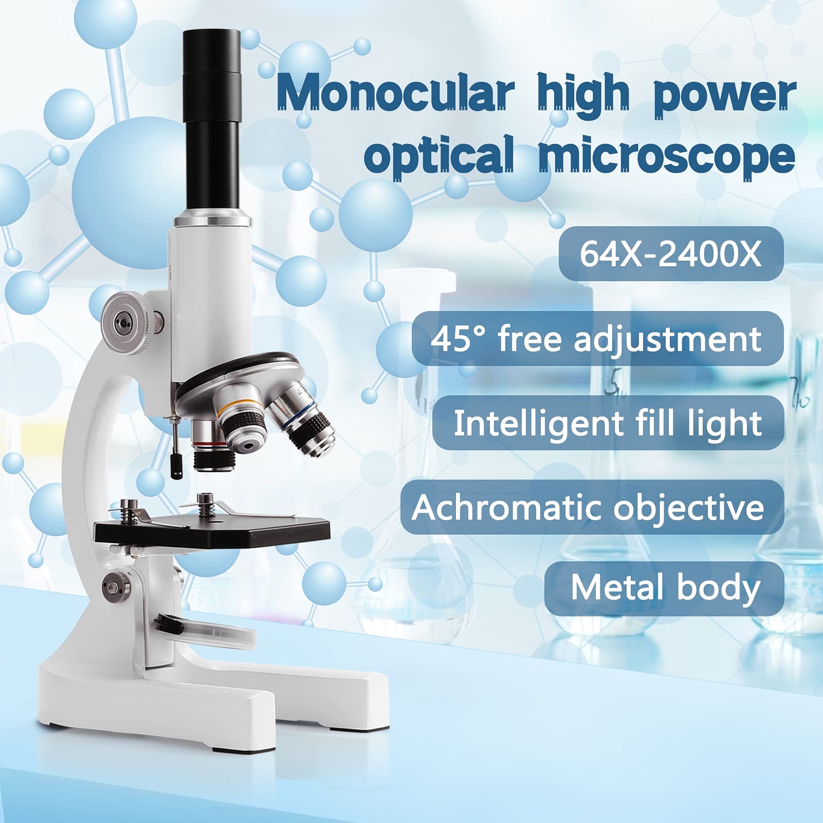 LIRUXUN 64X-2400X Monocular Optical Microscope Elementary School Science Experimental Biology Teaching Digital Microscope