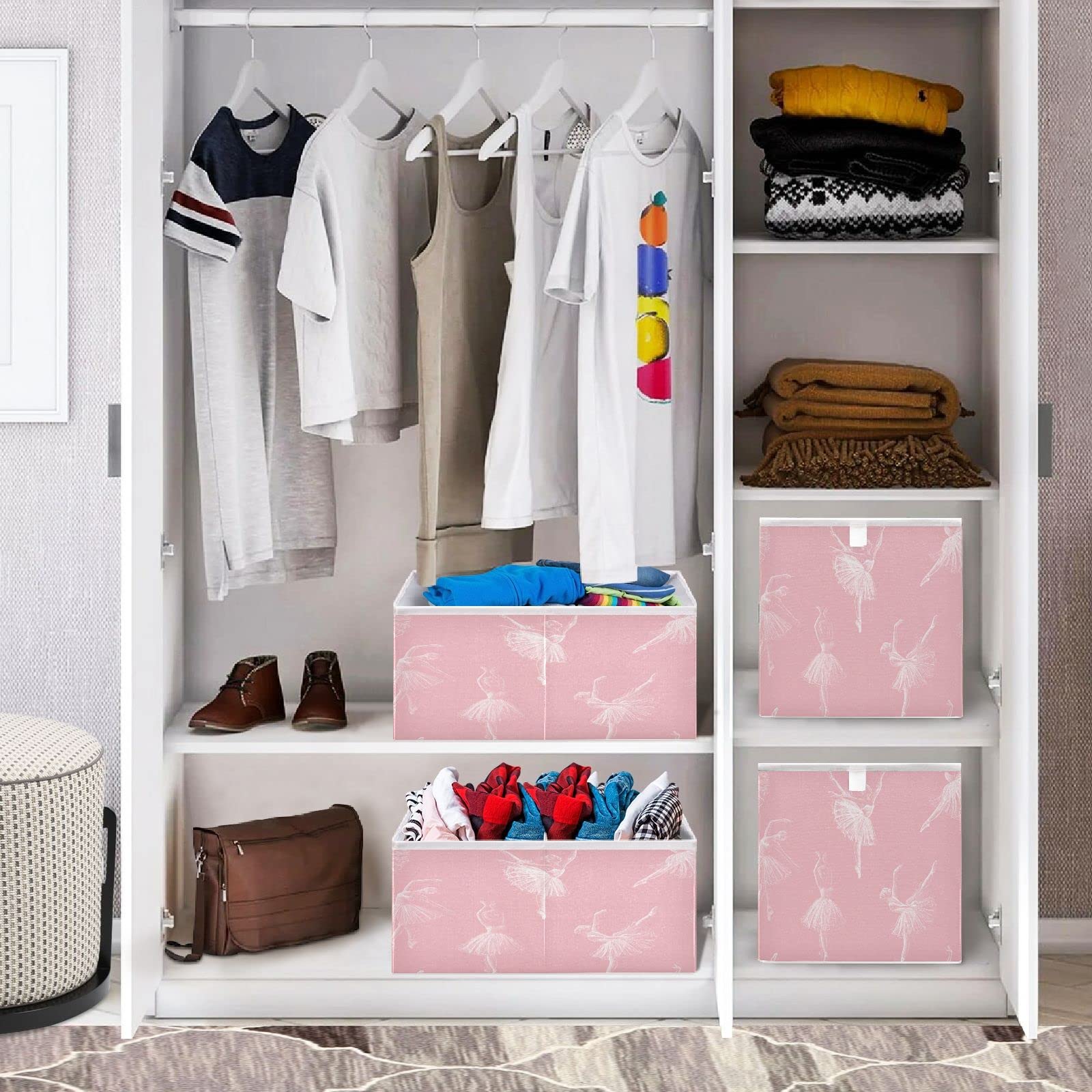 FUGIDOG 11 x 11 x 11 inch Fabric Storage Bins Ballerinas Pattern Foldable Storage Cubes Baskets with Handles Clothes Toys Storage Box for Nursery Closet Shelves Organizer