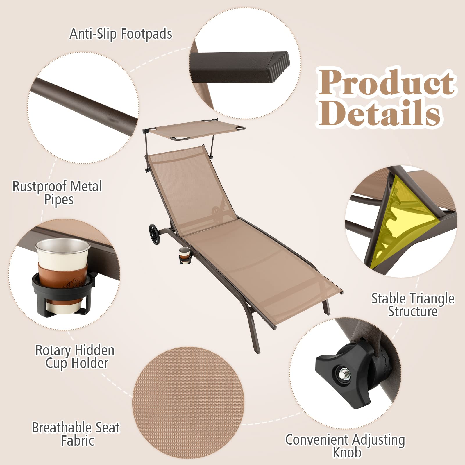 Tangkula Patio Chaise Lounge Chair Set of 2, Outdoor Recliner with Wheels, Adjustable Canopy & Cupholder, 6-Level Backrest, Heavy-Duty Metal Reclining Lounger for Poolside, Backyard (2, Brown)