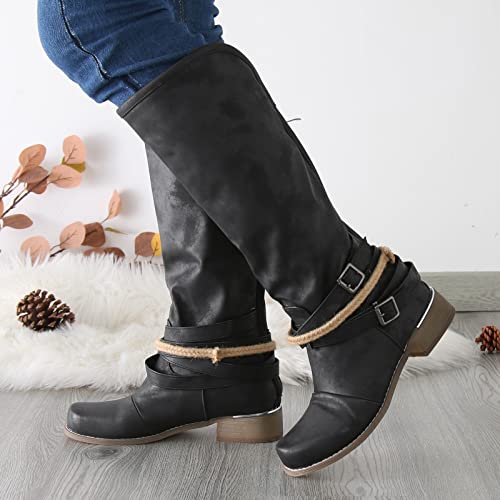 FASDNENDYS Socks Womens Mid Calf Womens Shoes Square Toe Belt Buckle Back Zipper Chunky Heel Wide Calf Womens Boots Black
