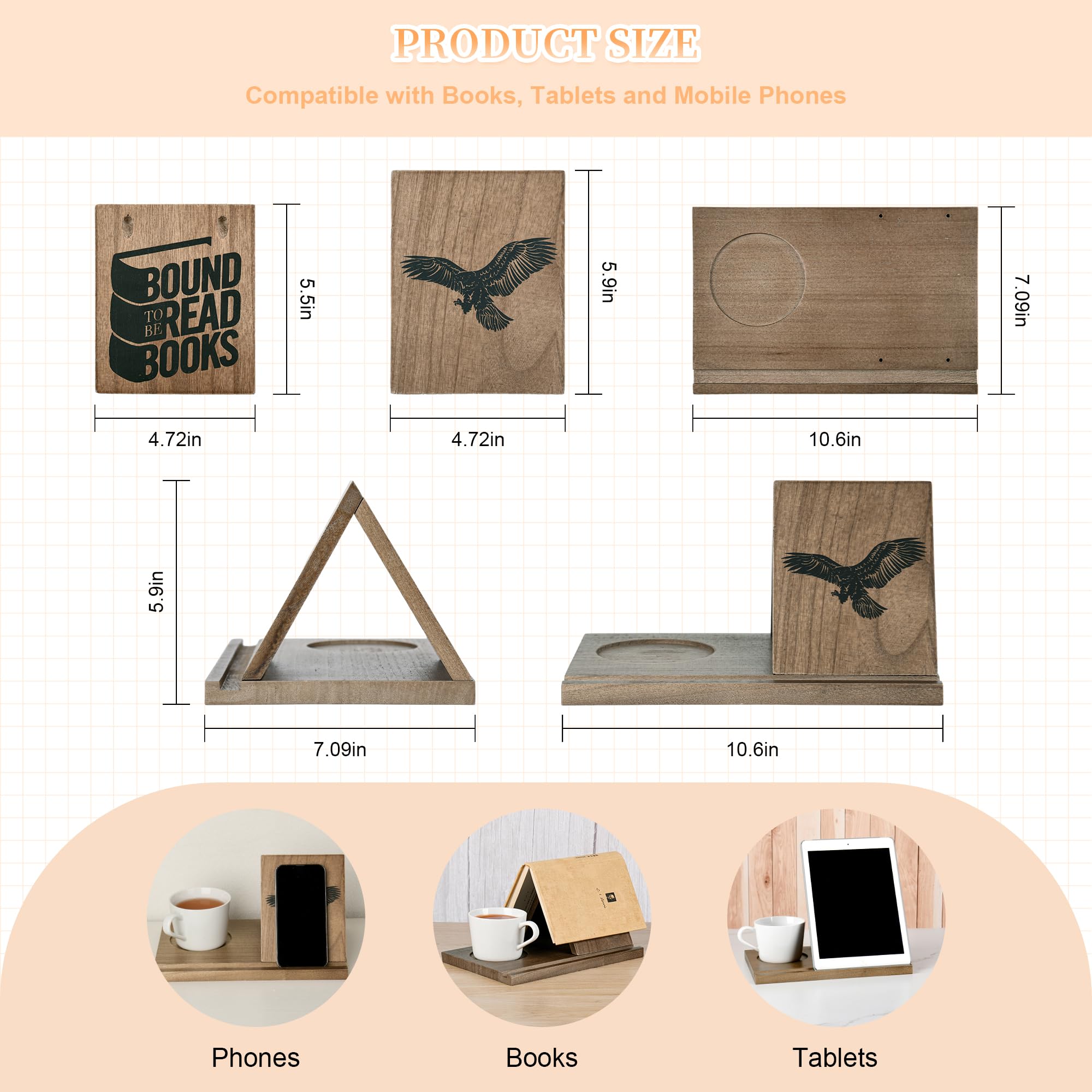 TEGIVONA Wood Small Bookshelf, Triangle Bookmark with Book Page Holder, Night Stand Book Holder, Mini Bookcase Rest with Coffee Drink Holder for Office, Book Rest and Mug Stand, Gifts for Book Lover