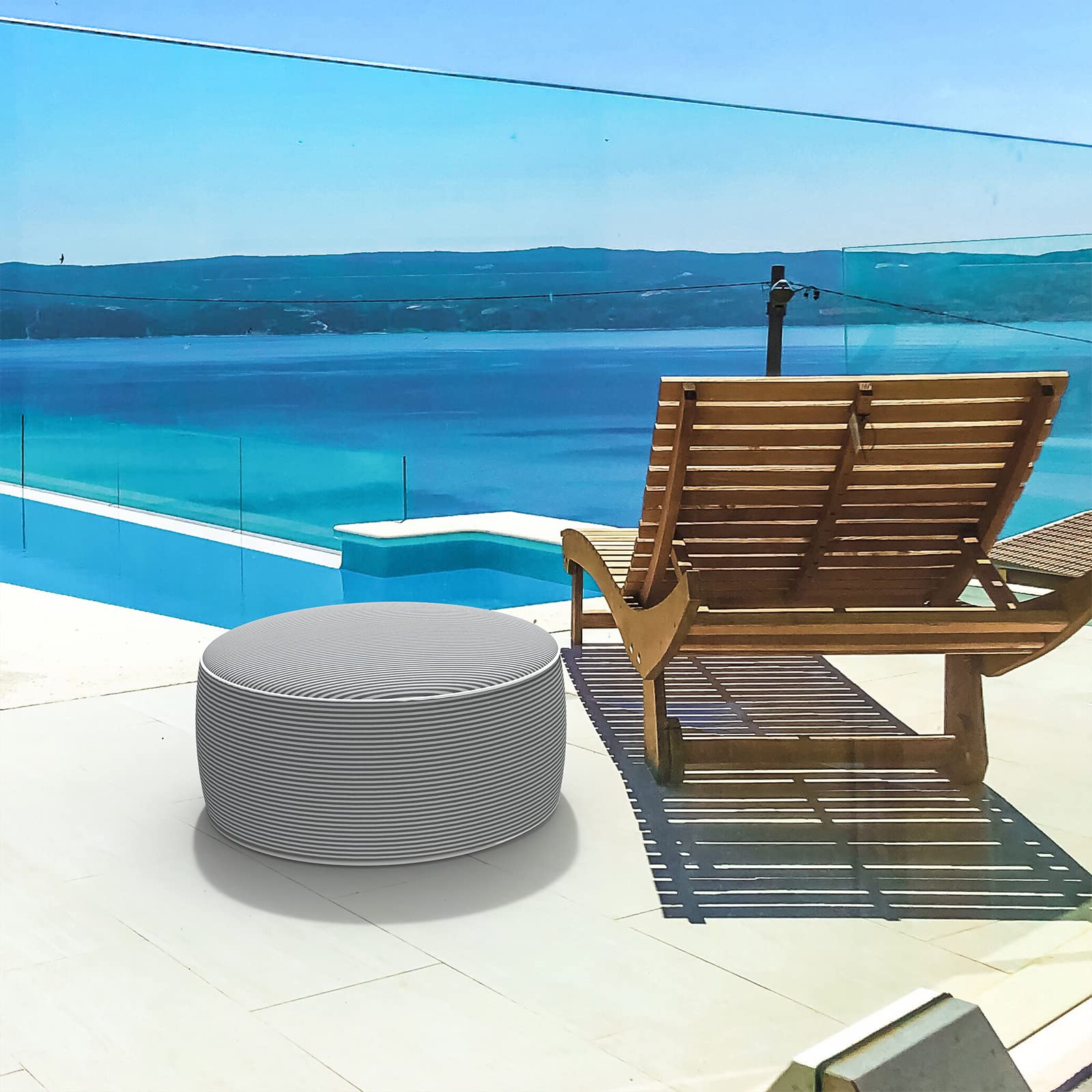 LVTXIII Inflatable Stool Ottoman Footrest with Handle, All Weather Foot Rest, Indoor or Outdoor Use for Home Patio Garden and Camping, D21 x H9, Topanga Stripe Grey