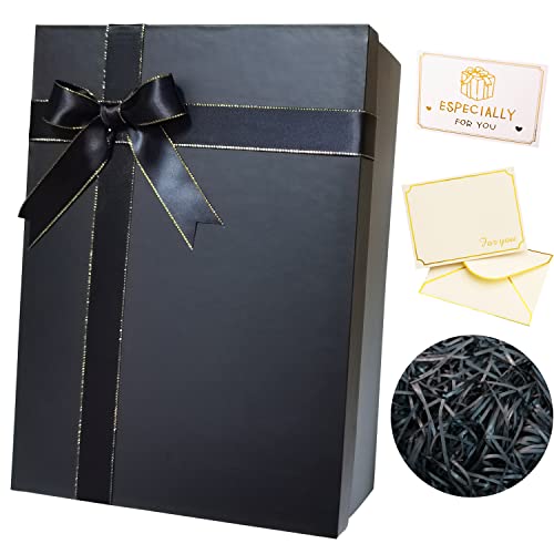 MYGOGOART Large Black Gift Box 11.2x8.2x4.2 Inches with Lid, Ribbon Bow, Shredded Raffia Paper Fill, Greeting Card and Envelope for Wedding Birthday Valentines Bridal Gifts (1 pack, Black)