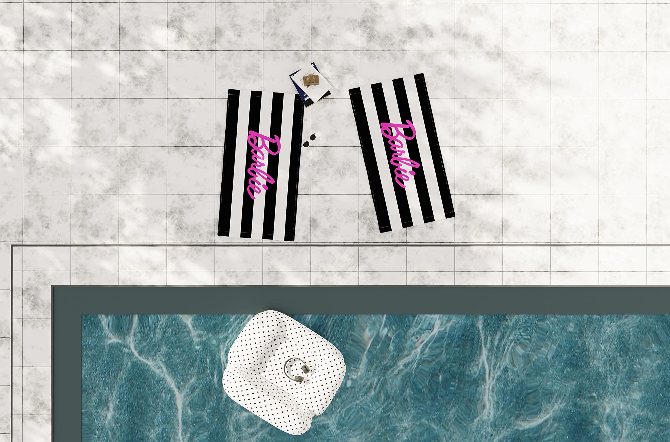 Franco Barbie Barbiecore Black & White Striped Soft Cotton Bath/Pool/Beach Towel, 60 in x 30 in, (Official Licensed Barbie Product)