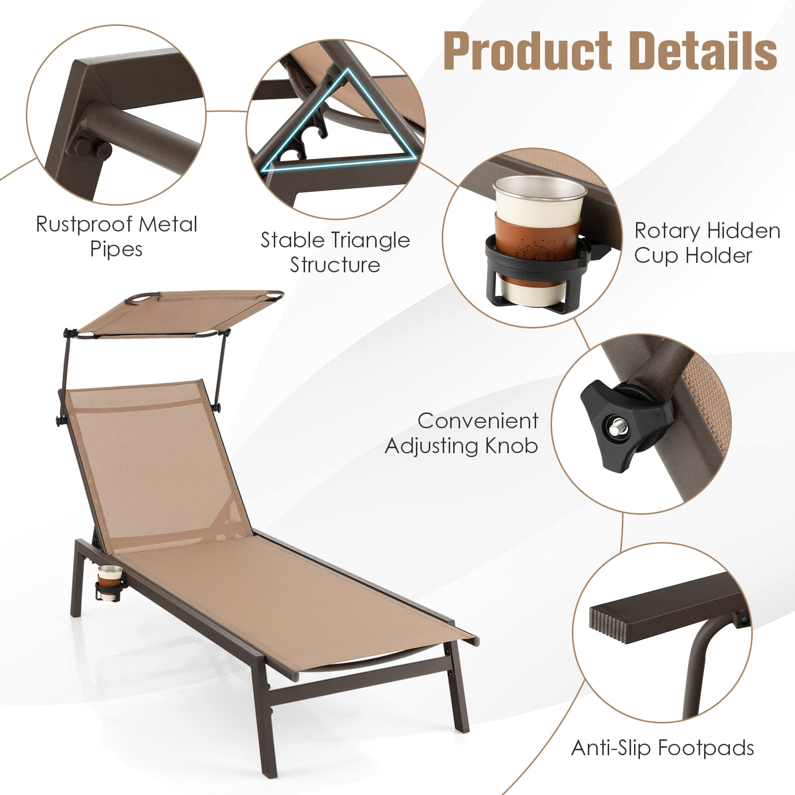 Tangkula Patio Chaise Lounge Chair, Outdoor Recliner with Adjustable Canopy & Cup Holder, 6-Level Backrest, Heavy-Duty Metal Reclining Lounger for Poolside, Backyard (1, Brown)