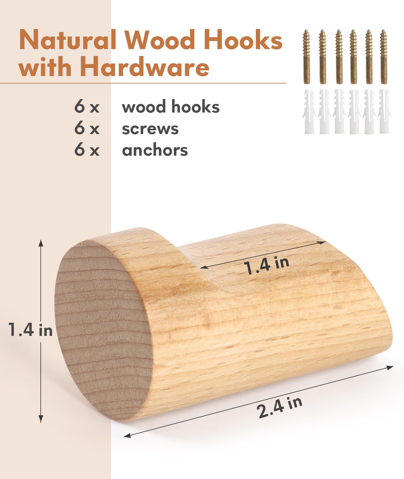 Optish Wood Wall Hooks for Hanging, 6 Pack Hat Hooks for Wall, Decorative Wall Hooks, Coat Hooks Wall Mounted, Heavy Duty Entryway Wall Hangers (Beech)