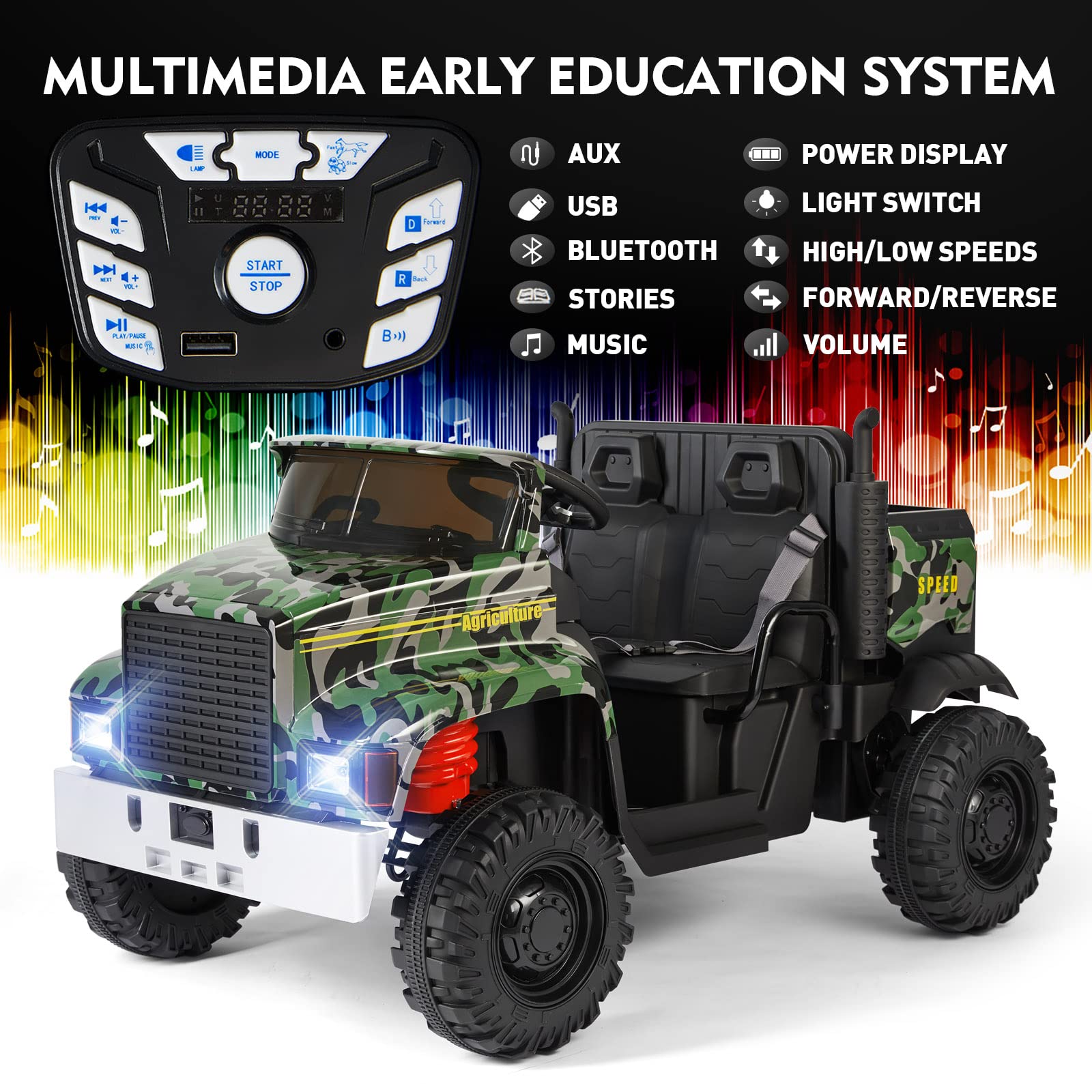 JOYLDIAS 2 Seater Ride On Car, 24V Battery-Powered Toy Tractor with Trailer, Dump Bed, Dual Motors, 4 Large Wheels, 2.4G Remote Control, 3 Speeds, Bluetooth, Camo Green, 47 * 31 * 27 inches