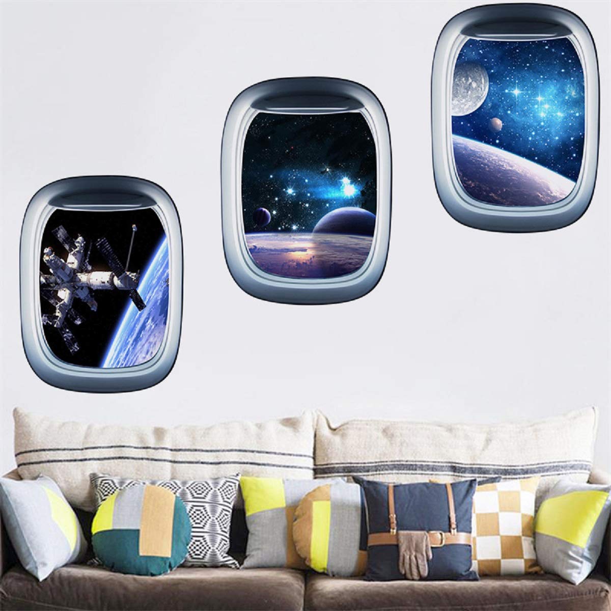 HERRA 3D Planet Universe Galaxy Outer Space Wall Decal Spacecraft Astronaut Wall Stickers, Peel and Stick Removable Space Capsule Window Wall Stickers Wall Mural for Bedroom Living Room Kids Room
