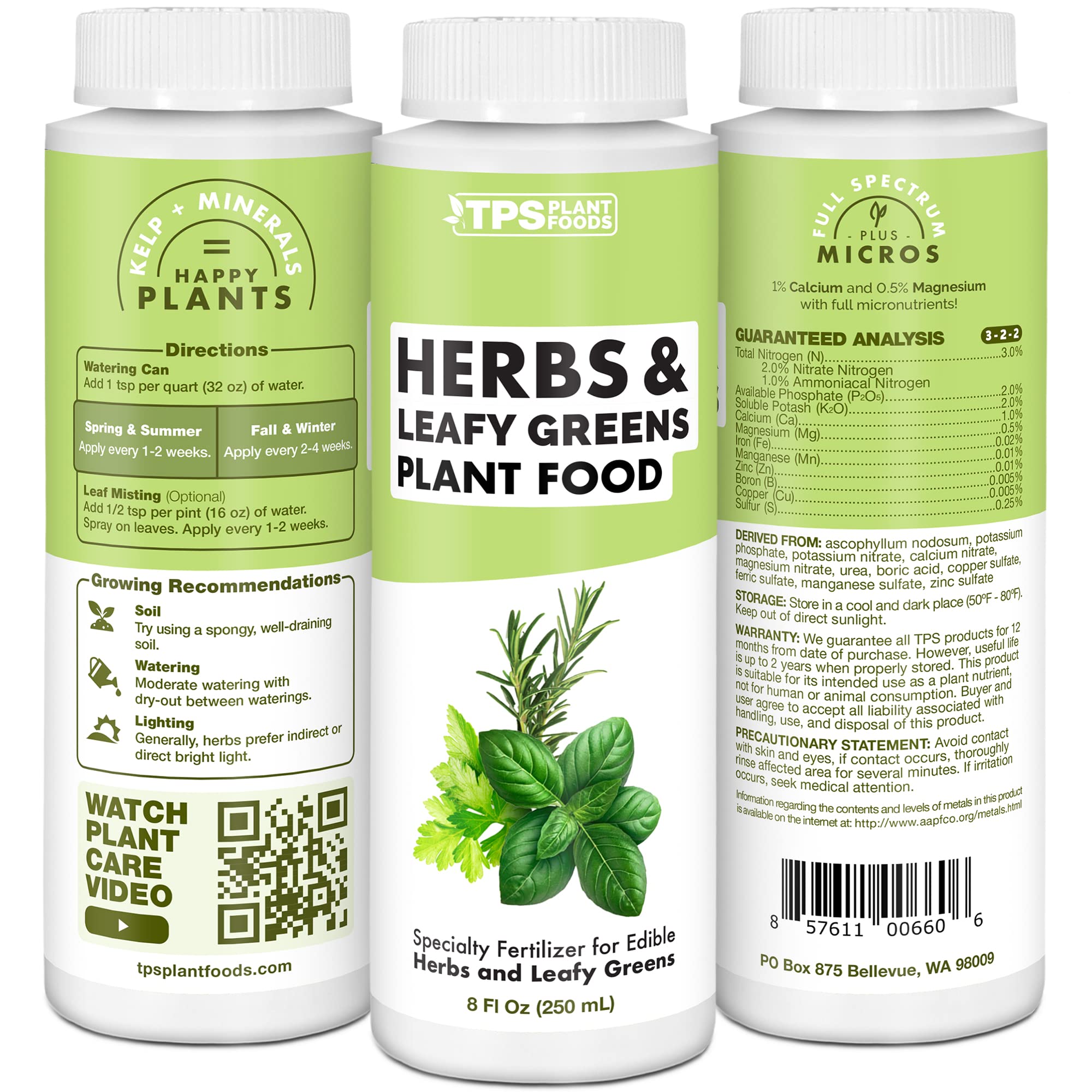 Herb Plant Food for All Edible Herbs, Leafy Greens and Veggies, Liquid Houseplant Fertilizer 8 oz (250mL)