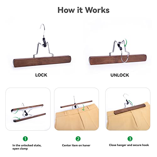 Nature Smile Wooden Pants Skirt Hangers, Smooth Finish Solid Wood Non Slip Jeans Slack Clamp Hangers Hair Extension Hangers (10 Pack Retro)