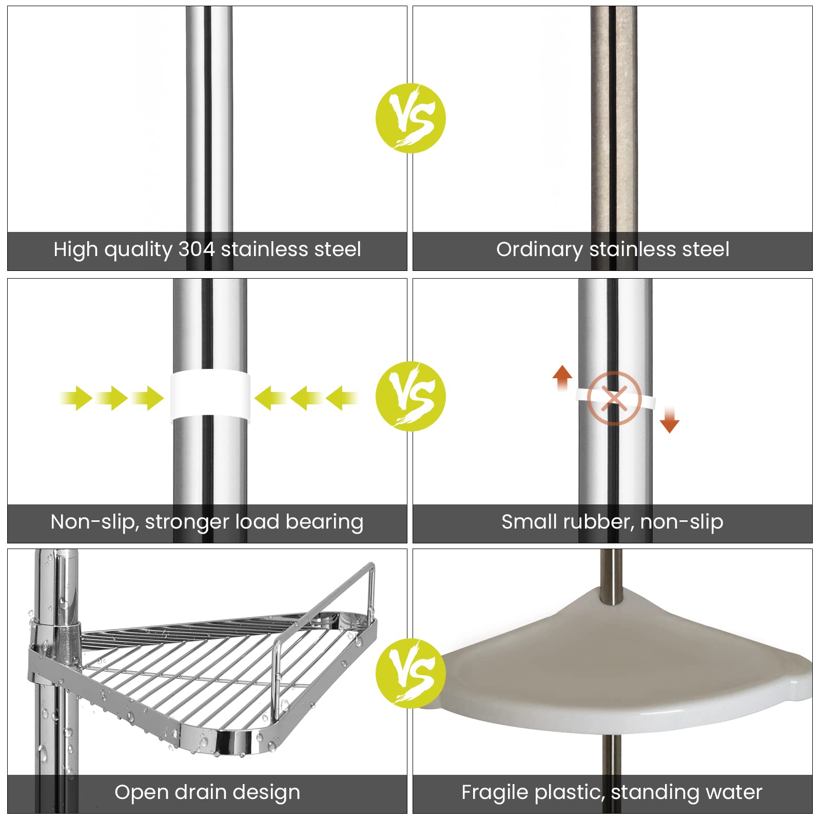Shower Caddy Tension Pole 4-Tier Adjustable Rustproof Stainless Steel Corner Shower Caddy Tension Pole Drill-Free Standing Shower Tension Rod Organizer for Bathtub Shampoo Storage, 59 To 110 Inch