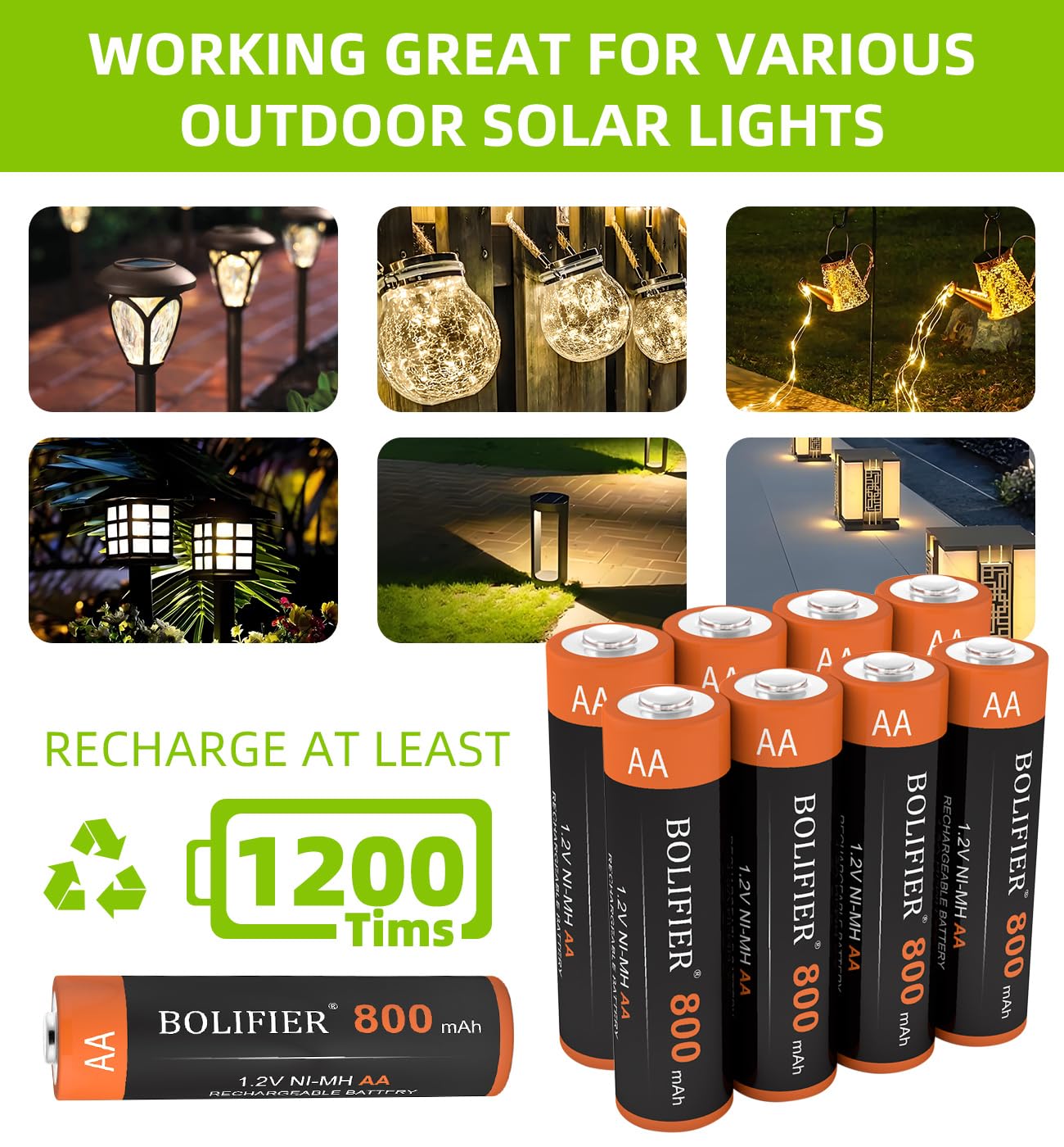 Kruta NiMH Rechargeable AA Batteries, 1.2V 800mAh Rechargeable AA Solar Batteries for Outdoor Solar Lights and Household Devices, Pre-Charged (AA Pack 8)