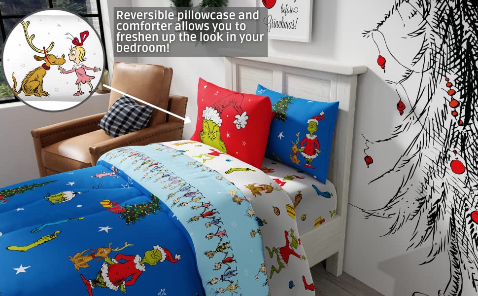 Franco Grinch by Dr. Seuss Holiday & Christmas Bedding Soft Comforter and Sheet Set with Sham, 5 Piece Twin Size, (Official Dr. Seuss Product)
