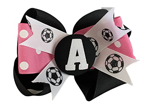 Soccer Bow with Glitter Initial or Number Button, Hot Pink Black and White, Baseball Softball Cheer and Volleyball Football