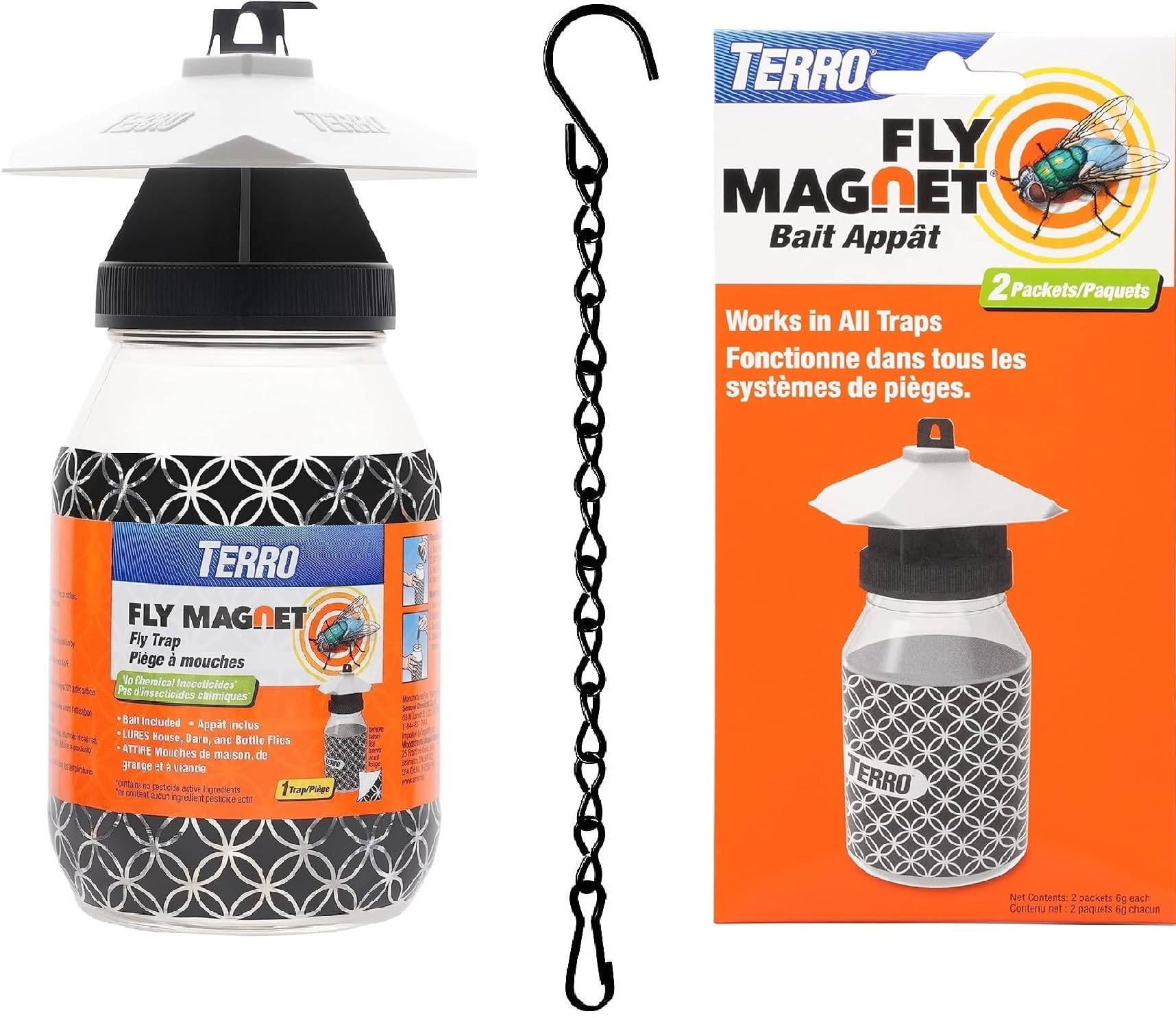 TERRO Fly Magnet, Reusable Fly Trap - Includes One Fly Bait Packet and Heavy Duty 9.5 Plexon Supply Hanging Chain and Magnet Replacement Bait, Orange.Black
