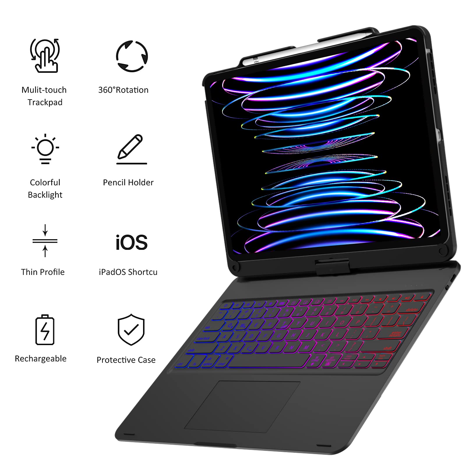 KVAGO Keyboard Case for iPad Pro 12.9, Multi-Touch Trackpad Keyboard Case iPad Pro 12.9 inch 6th Generation 5th 4th 3rd Gen 2022 2021 2020-7 Color Backlight Keyboard- 360 Rotatable Case, Black