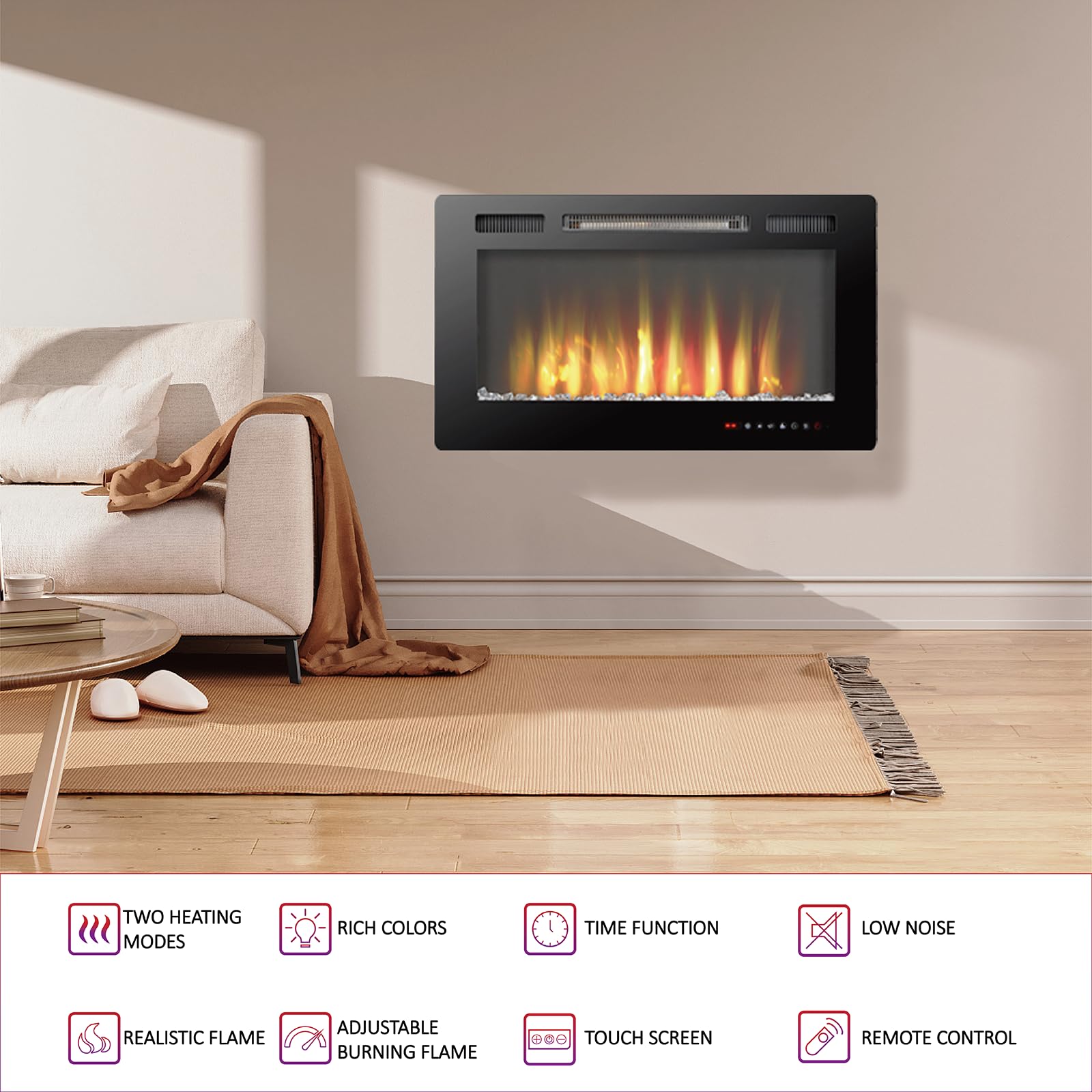 FULEIWO 30 inch Recessed and Wall Mounted Electric Fireplace, Low Noise,Fit for 2 x 4 and 2 x 6 Stud, Remote Control with Timer,Touch Screen,Adjustable Flame Color and Speed, 750-1500W