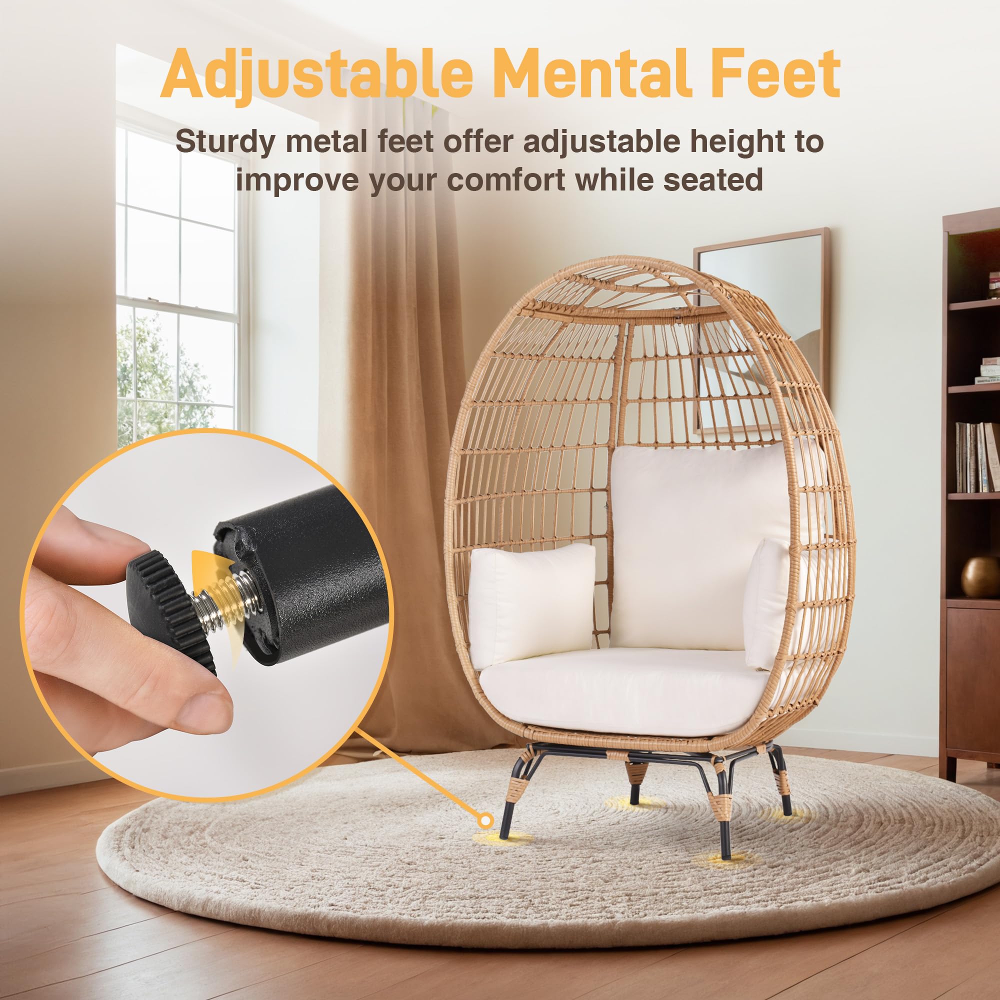 OTSUN Outdoor Egg Chair, Patio Chairs with 4 Thicken Cushions, Oversized Lounge Chairs with Durable Steel Frame, PE Wicker Chair 440 lbs Capacity, Perfect for Balcony, Backyard, Bedroom-Ivory