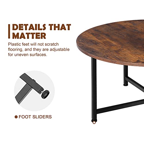 SUPER DEAL Round Coffee Tables w/ 32 Inch Rustic Wooden Surface Top and Sturdy Metal Legs Industrial Cocktail Table for Living Room, Rustic Brown